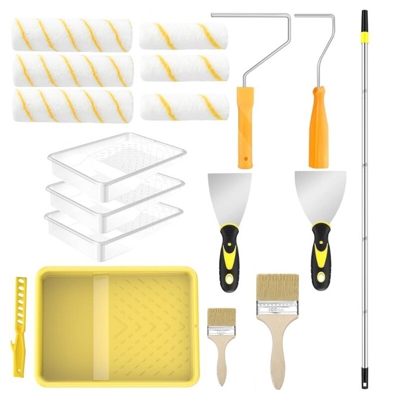 Набор стальных Малярных Валиков с Выдвижными Стойками и Лотком Полный набор инструментов для Покраски стен из 22 шт. для Внутренних и Наружных стен