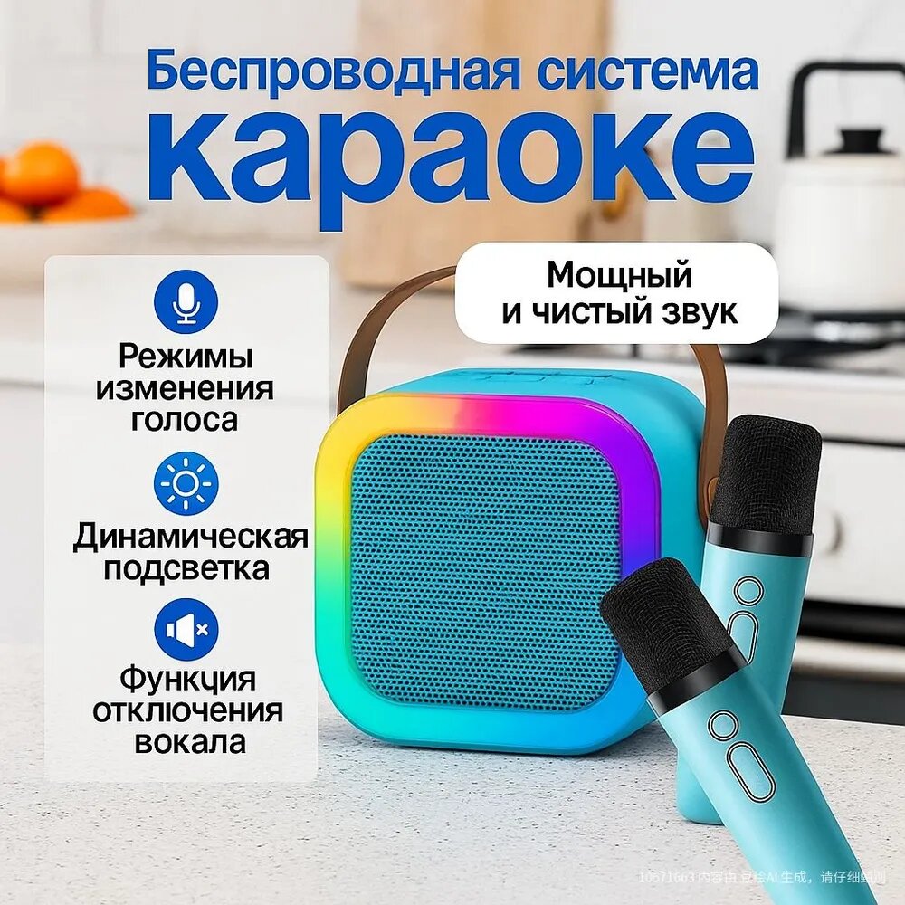 Детская караоке система с двумя беспроводными микрофонами и колонкой
