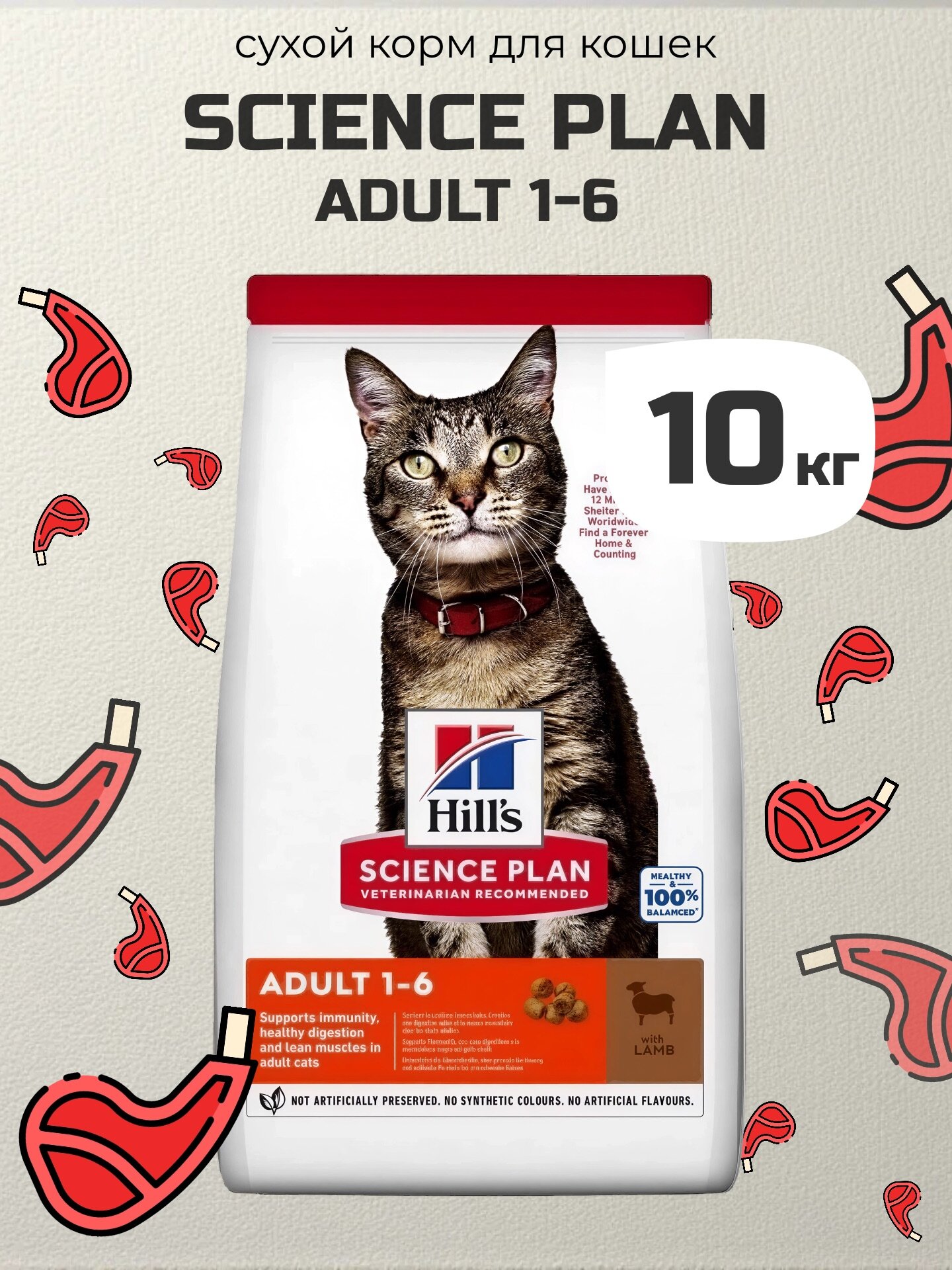 Сухой корм для взрослых кошек Hill's Science Plan Adult (Ягненок) - 10 кг