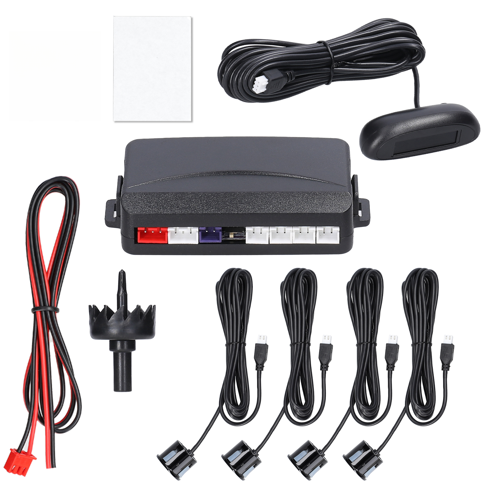 Система задних парковочных сенсоров с 4 датчиками, обнаружением расстояния, ЖК-дисплеем и звуковым сигналом, цвет черный/белый/серебристый/серый, материал ABS, напряжение 12V, дальность 0-2.5m, размер дисплея 70*25*23mm, контроллер 90*44*22mm,