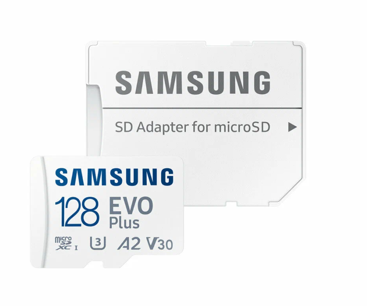 Карта памяти microSDXC 128 GB Sam sung Evo Plus Class 10, V30, A2, UHS-I U3, R 160 МБ/с, адаптер на SD