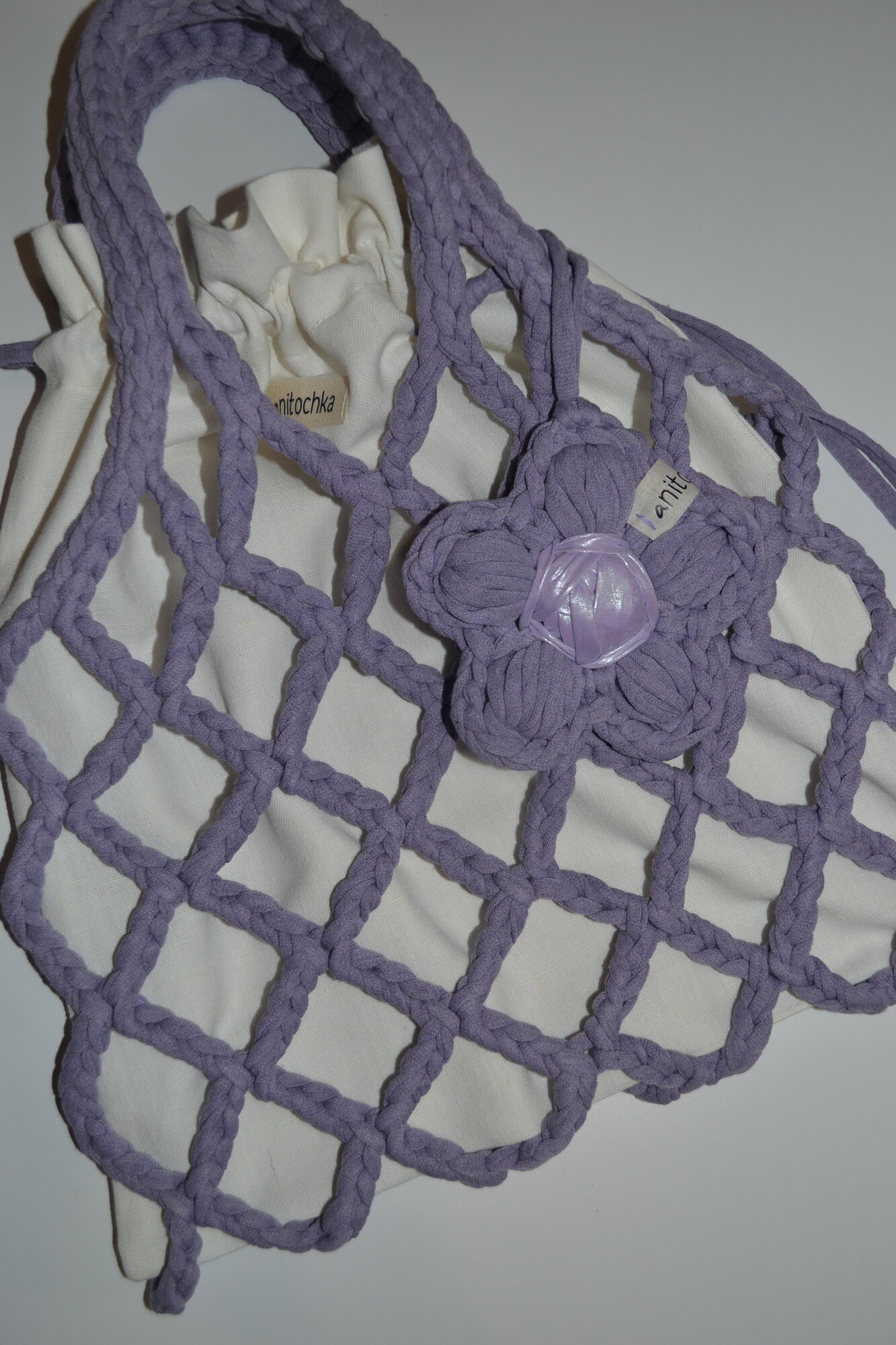 Сумка авоська  с брелком-цветком, anitochka.shop, лавандовый меланж
