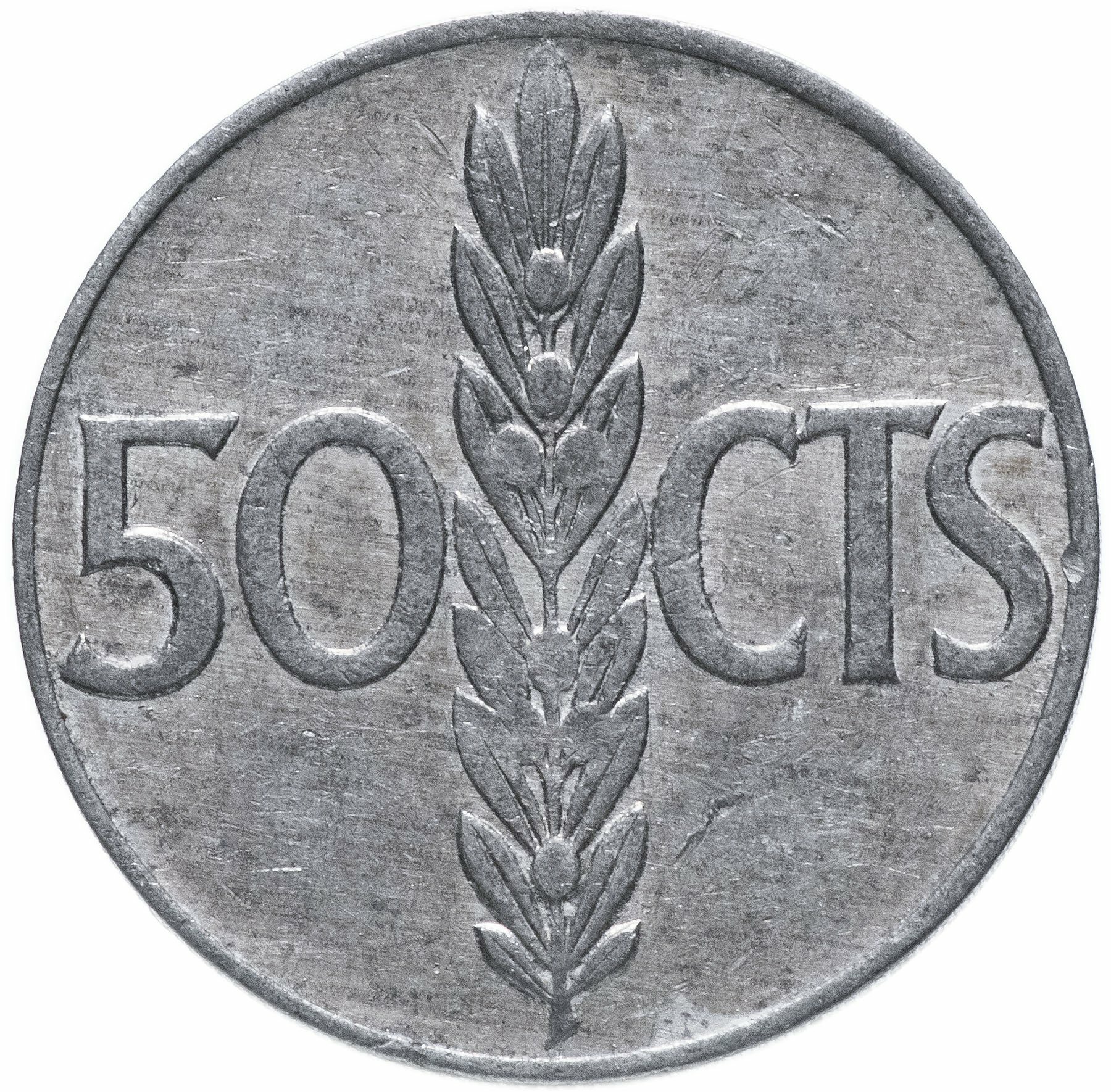 Испания 50 сентимо centimos 1966, Алюминий, в сохранности VF