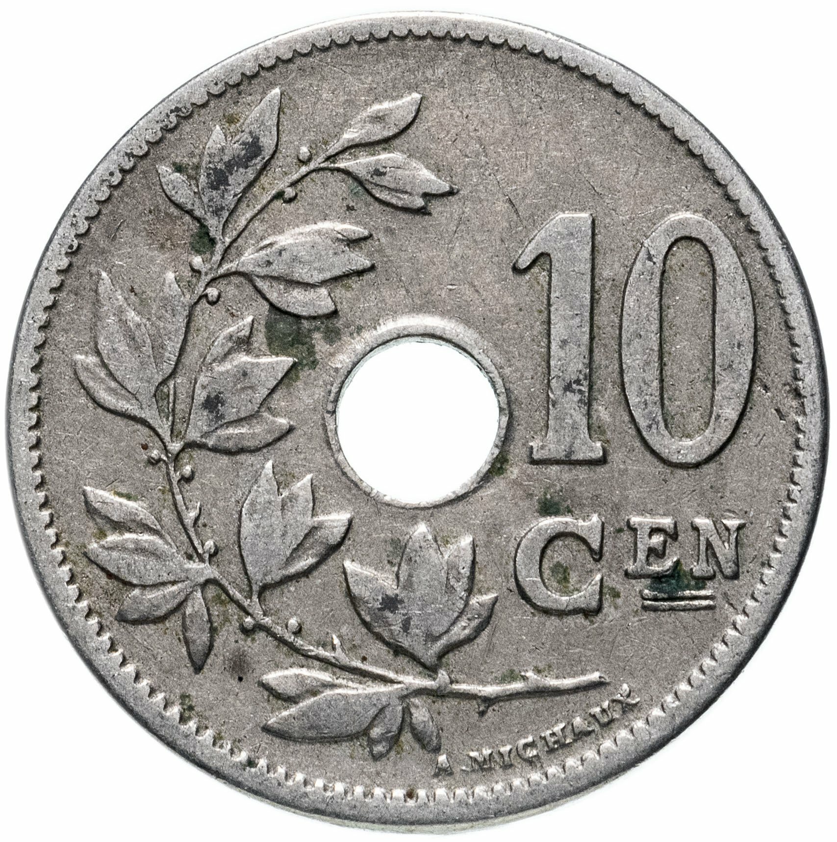 Бельгия 10 сантимов centimes 1904-1906 Надпись на голландском - 'BELGIË', Мельхиор медь-никель, в сохранности F-VF