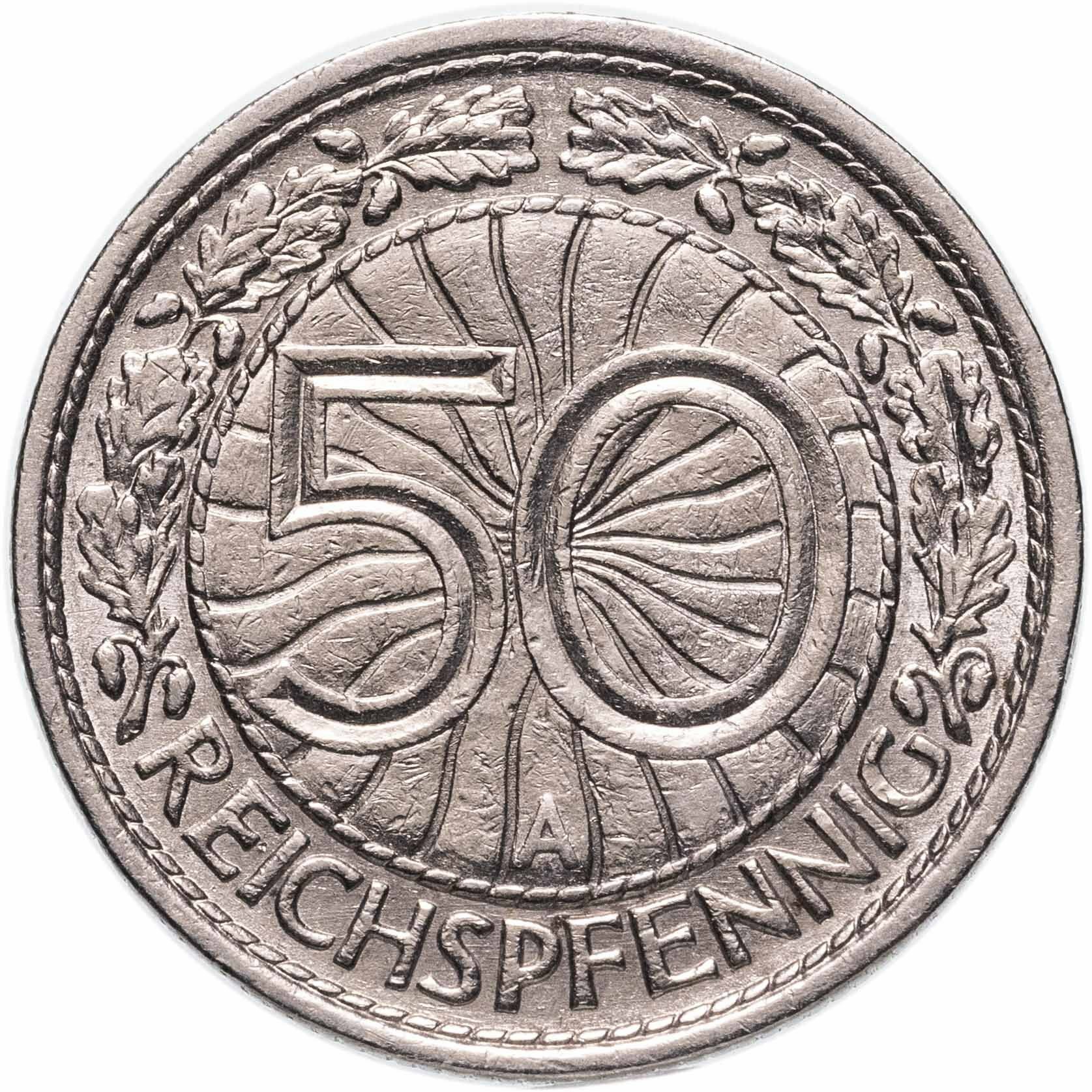 Германия 50 рейхспфеннигов 1929, знак монетного двора "A" — Берлин, Никель, в сохранности XF