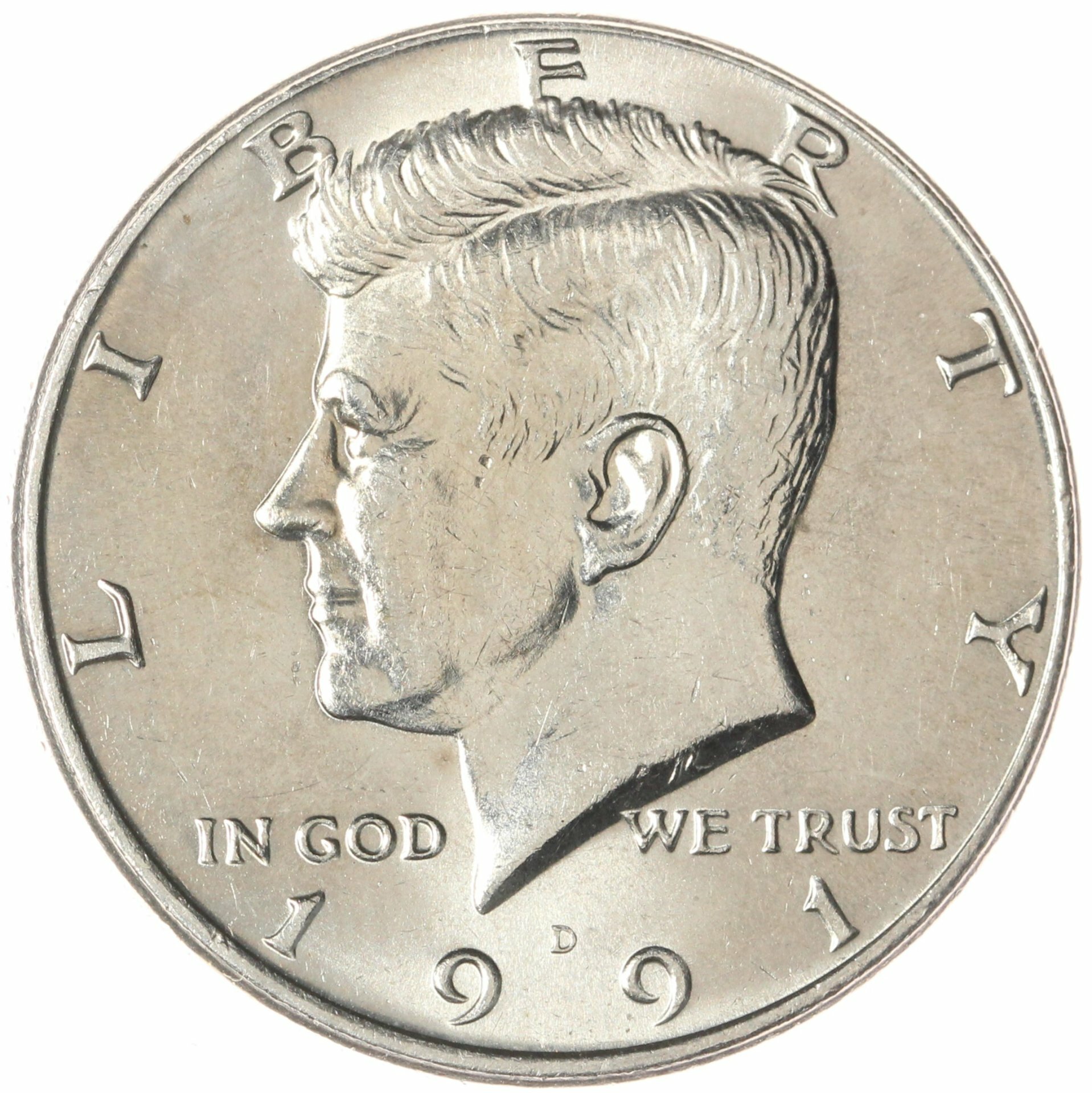 США 50 центов 1/2 доллара, half dollar 1991 D Kennedy Half Dollar Кеннеди знак монетного двора "D" - Денвер, Медь, в сохранности AU-UNC