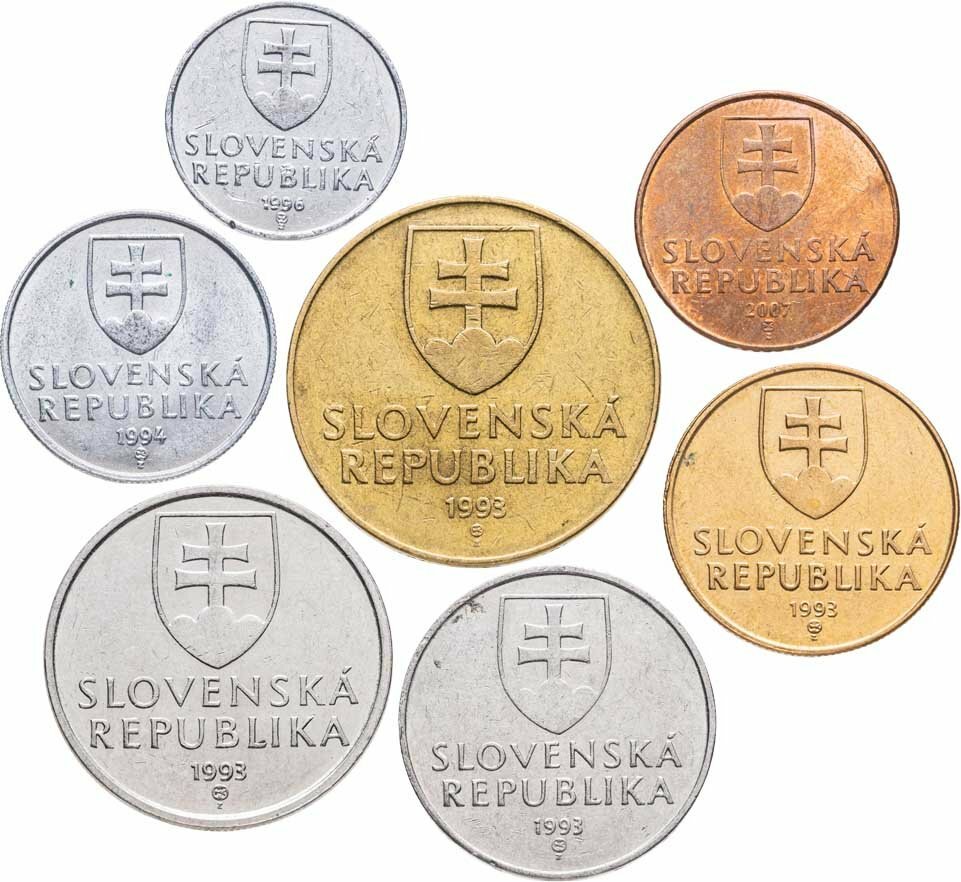 Словакия набор монет для обращения 1993-2007 7 штук, Алюминий, Сталь с медным покрытием, Сталь с бронзовым покрытием, Сталь с никелевым покрытием, Латунь