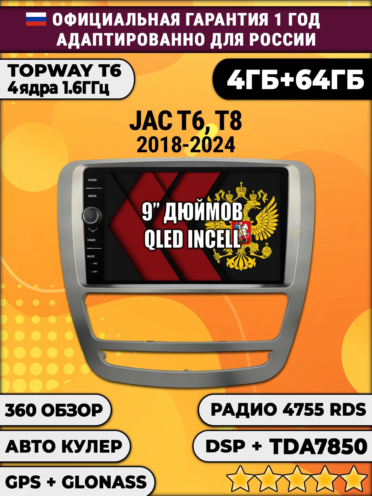 4гб+64гб с DSP и 360 для JAC T6 T8 (2018-2024), Android магнитола с DSP и усилителем TDA7850