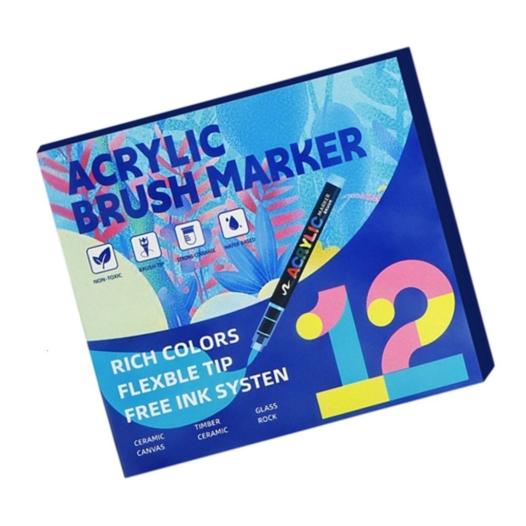 Жидкий акриловый маркер 12-цветной акриловой краской, кончик кисти для ведения журнала рисования