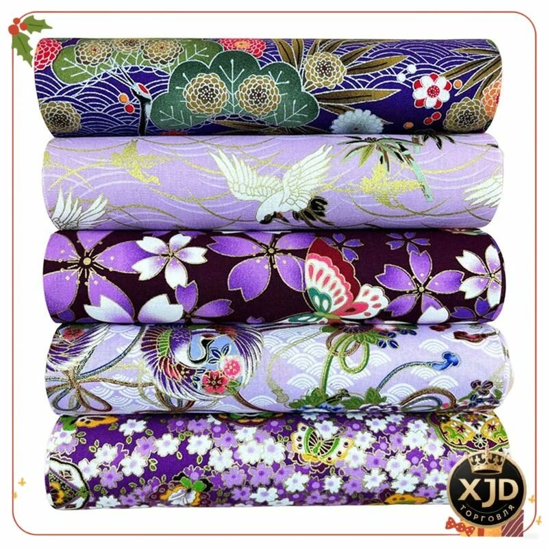 Японская хлопковая ткань для рукоделия, набор 5 шт, рисунок принт, размер 20х25 см, ткань для пэчворка, кукол, сумок и декора, японский стиль, xjd888