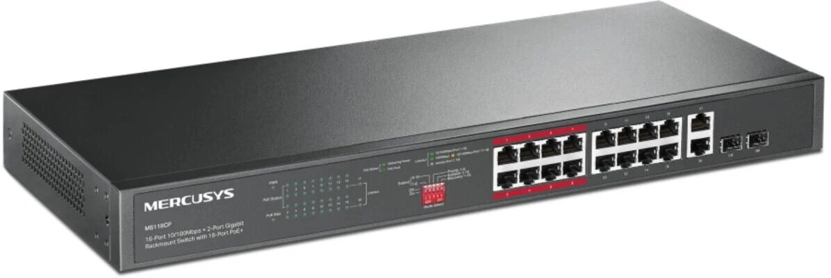Коммутатор Mercusys MS118CP (L2) 100Мбит/с 1Гбит/с Комбо(1000BASE-T/SFP) 16PoE+ 190W неуправляемый