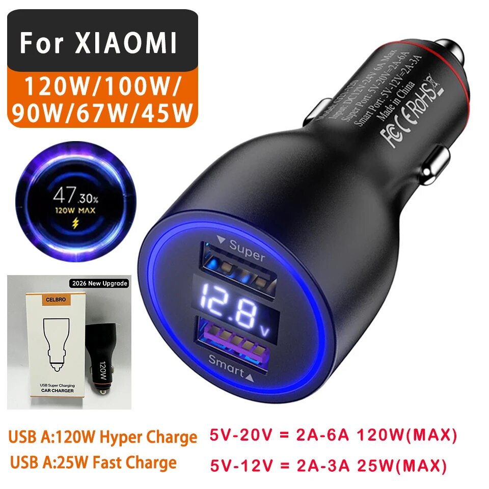 Автомобильное зарядное USB 120W Xiaomi, 2xUSB, 1.5м кабель