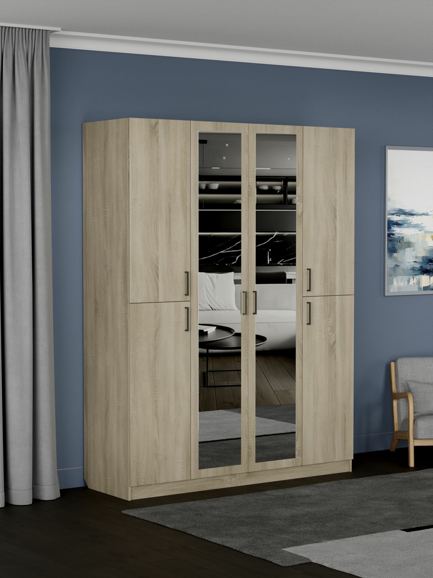 InHouse Шкаф распашной ШК-4/3 Сонома 160х52х210, фасады ЛДСП с зеркалом