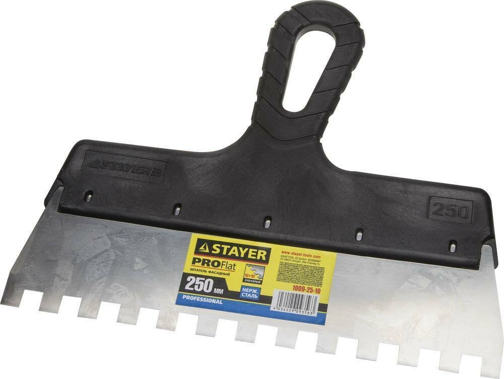 Нержавеющий зубчатый шпатель STAYER 250мм, зуб 6х6мм 1009-25-06