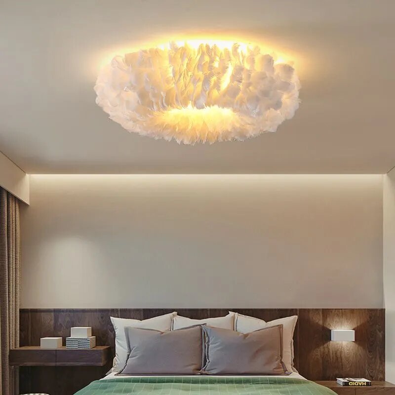 RUIXTIPAD Feather Chandelier E27 70W Bedroom Living Room Ceiling Light White Feathers Modern Lighting