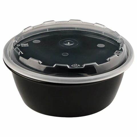 150 шт. Контейнер одноразовый 950 мл, с крышкой, круглый, диаметр 172 мм, черный/прозрачный, ПП, взлп, 1265Ч