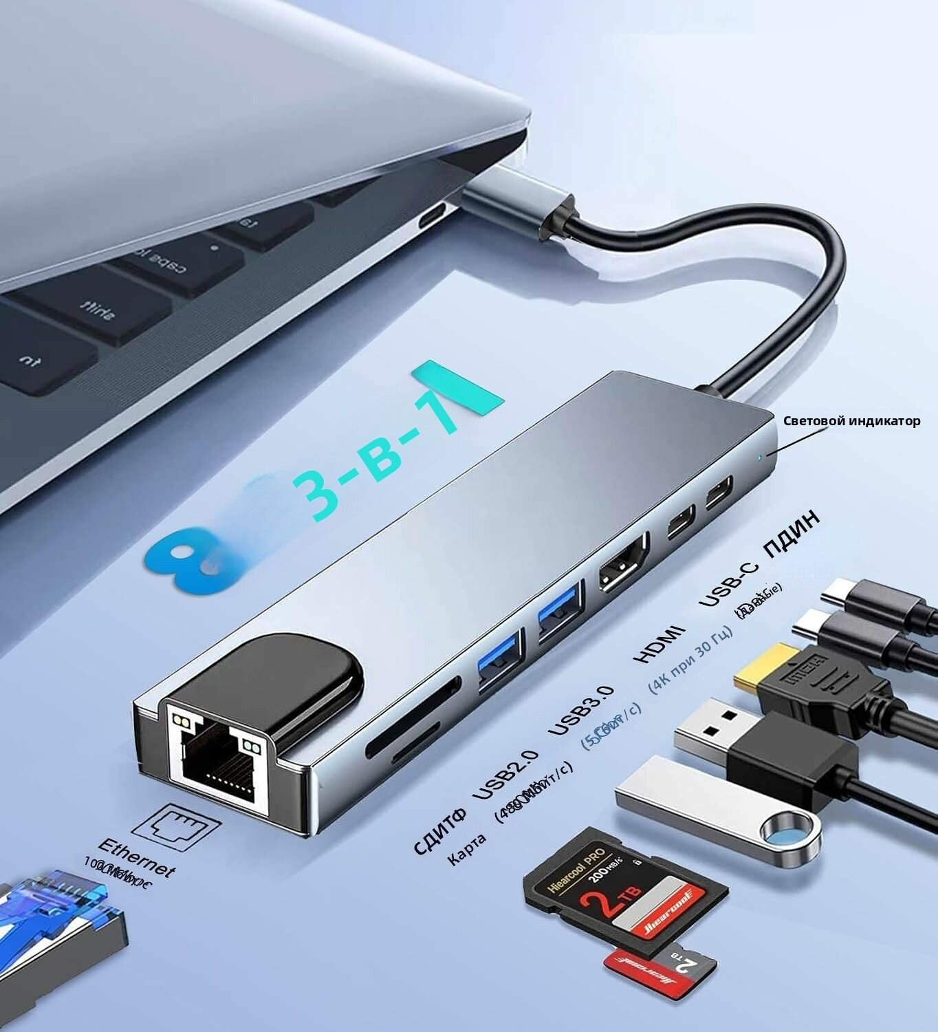 Концентратор USB-C 8-в-1 с HDMI и PD для MacBook и ноутбуков