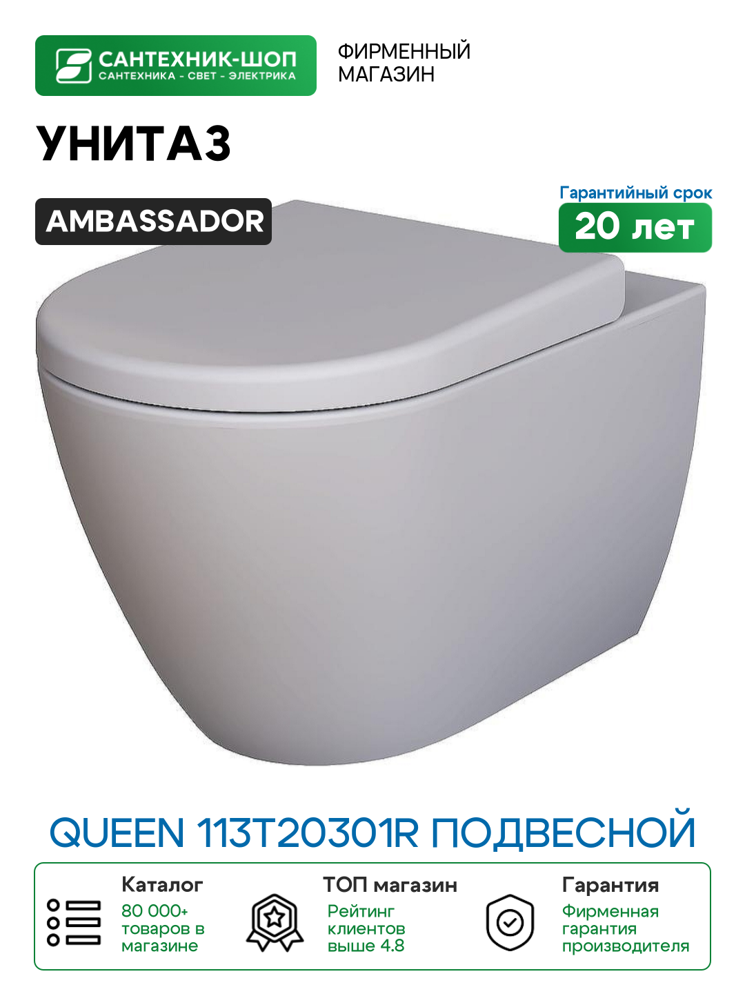 Унитаз Ambassador Queen 113T20301R подвесной Серый матовый без сиденья фарфор подвесной