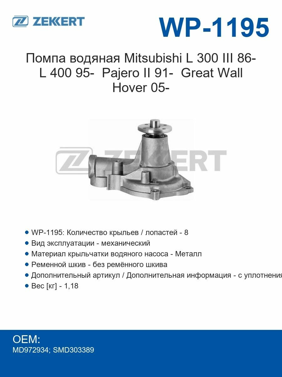 Zekkert Помпа водяная Mitsubishi L 300 III 86- L 400 с 1995 г. Pajero II с 1991 г. Great Wall Hover с 2005 г.