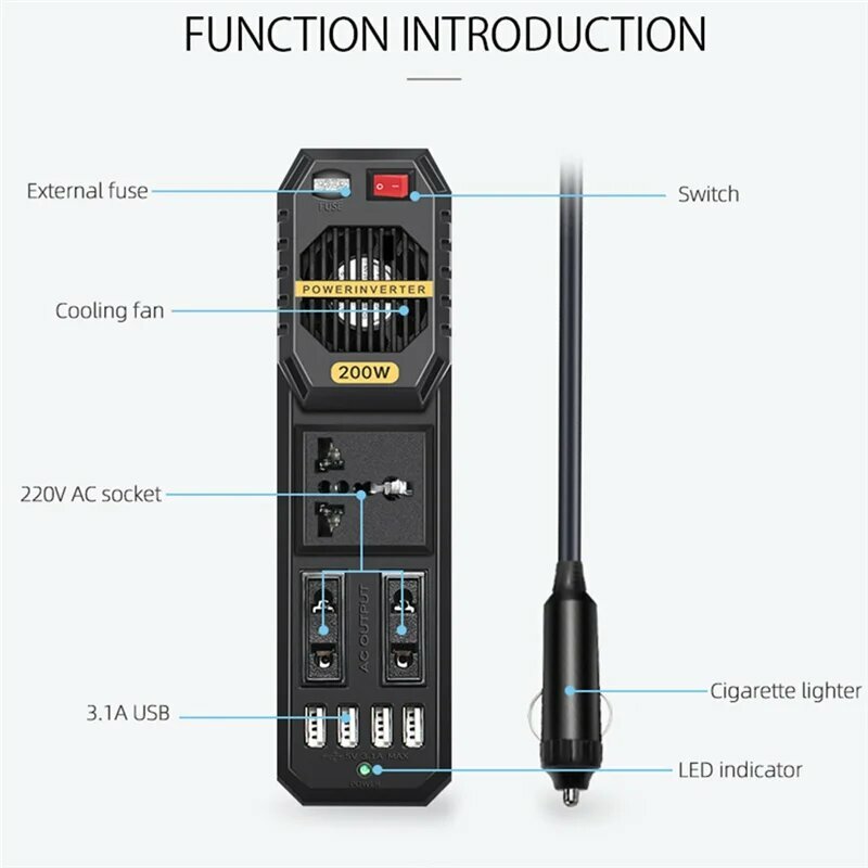B27B Встроенный адаптер питания 12 В 200 Вт — преобразователь мощности 220 В переменного тока для использования в автомобиле Инверторный трансформатор