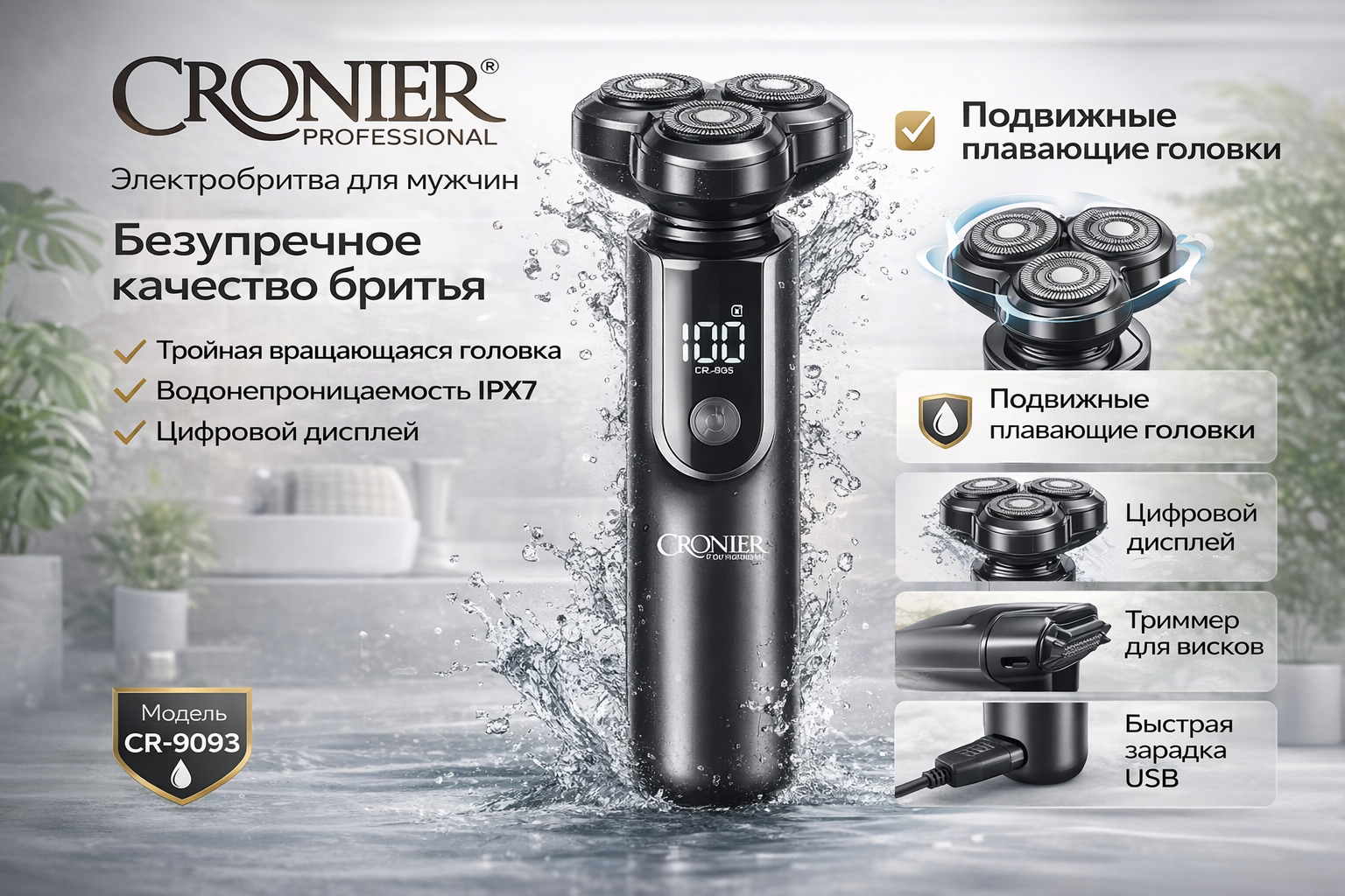 Электробритва Cronier CR-9093 с плавающими головками, влагозащитой IPX7 и дисплеем