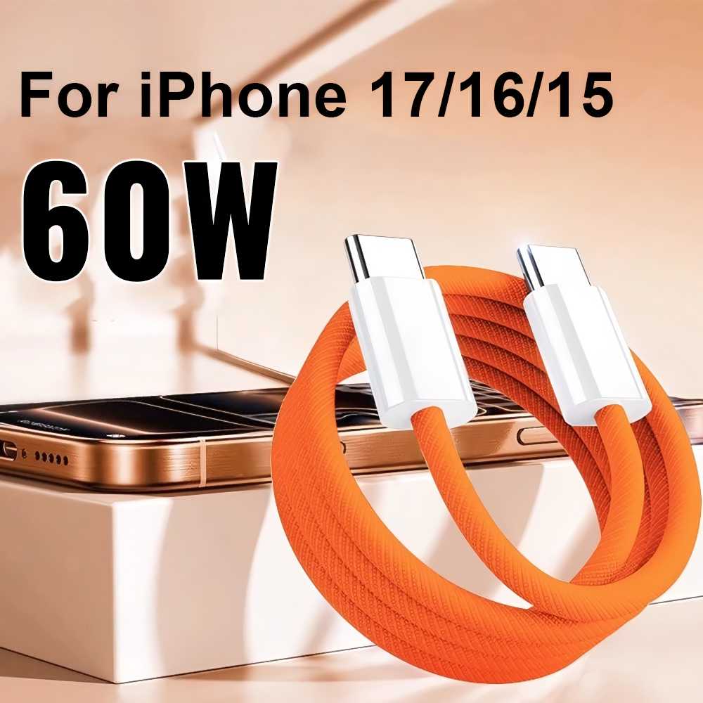 Кабель USB TypeC, 1 метр, 60W, 6A, кабель typec typec, для IPhone 17/16/15, iPad и других устройств, оранжевый