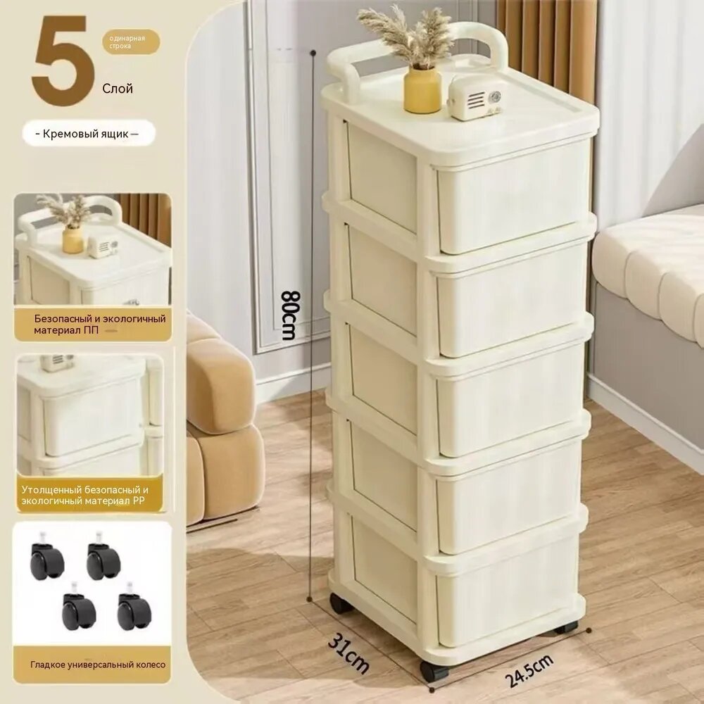 Квадратный комод на колесах, 5 ящиков, 30.5x30.5x80 см, полипропилен, для игрушек, косметики, ванной комнаты