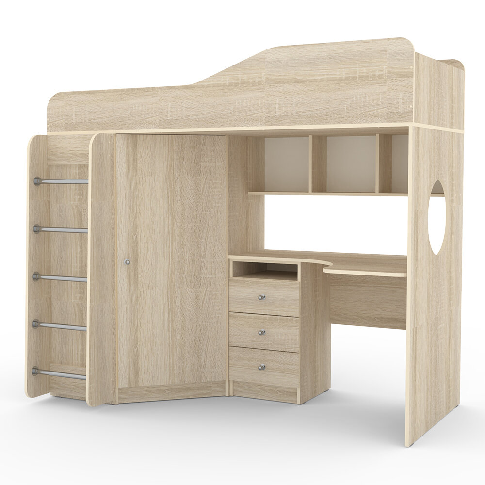 Кровать чердак Кадет 1 с металлической лестницей Дуб Сонома Дуб Сонома