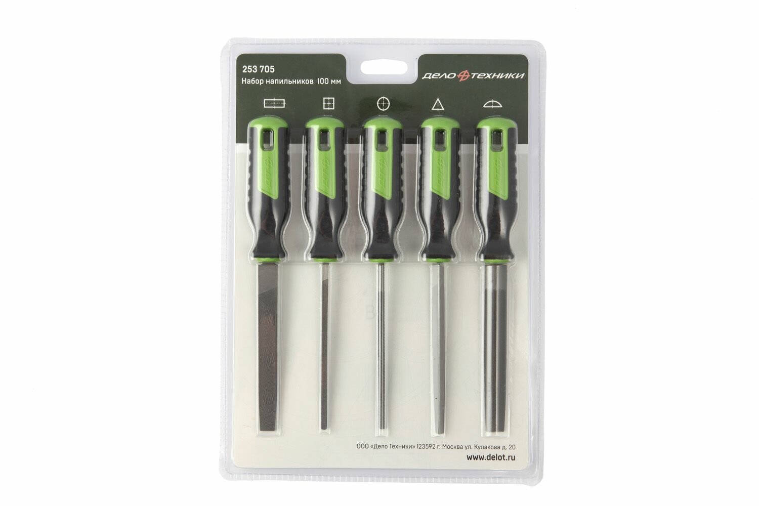 Набор напильников №2 100 мм, 5 шт (плоский, полукруглый, трёхгранный, квадратный, круглый) , 253705, Дело Техники.