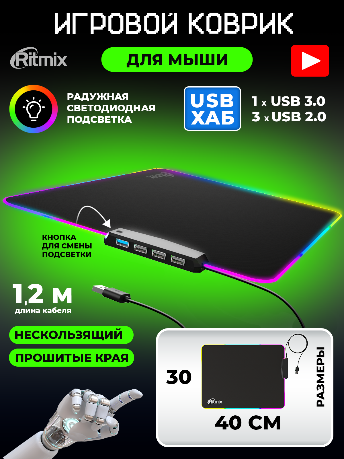 Коврики для мыши RITMIX MPD-440, нескользящий, прошитые края