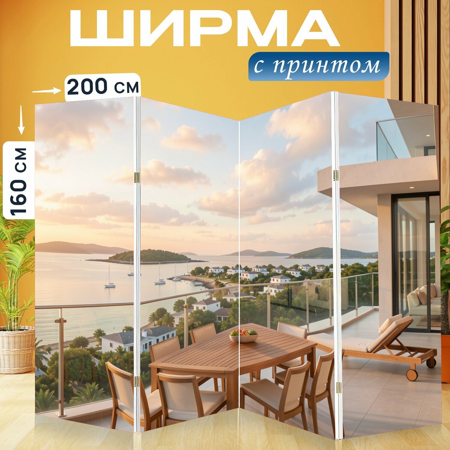 Ширма "Терраса с видом на море. Современная веранда с деревянной мебелью, стеклянным ограждением и шезлонгом." перегородка для зонирования комнаты с принтом 200x160 см. на холсте