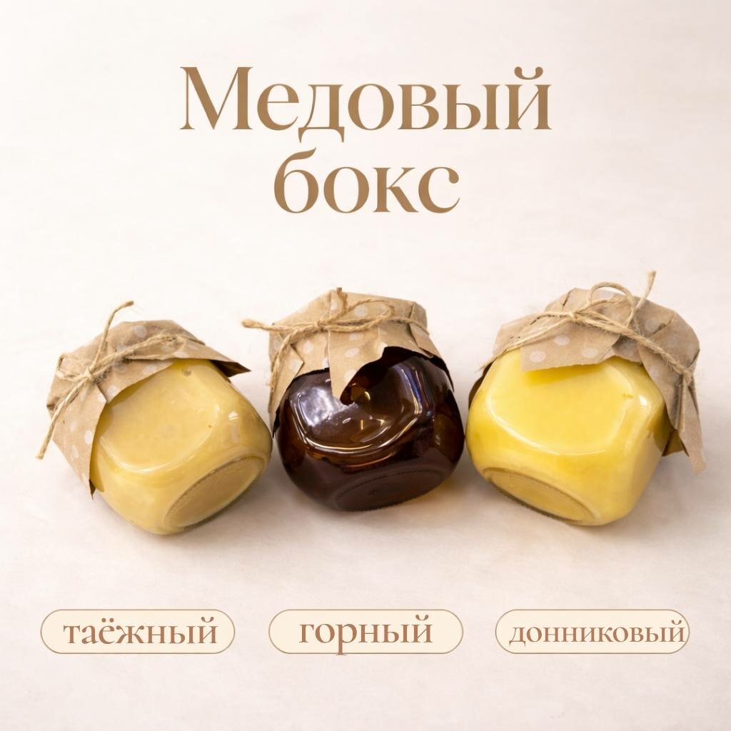 Медовый бокс (набор из 3 сортов меда: таежный, горный, донниковый). 900гр. Алтайский край