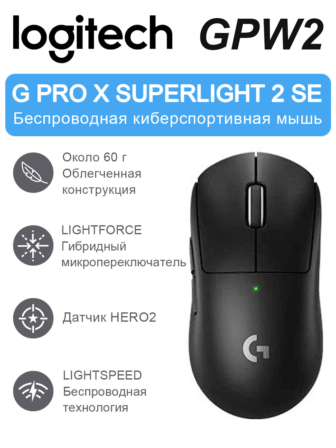 Logitech G PRO X SUPERLIGHT 2 SE Ultralight Wireless Gaming Mouse GPW2 Upgrade black Порт для зарядки Type-C
