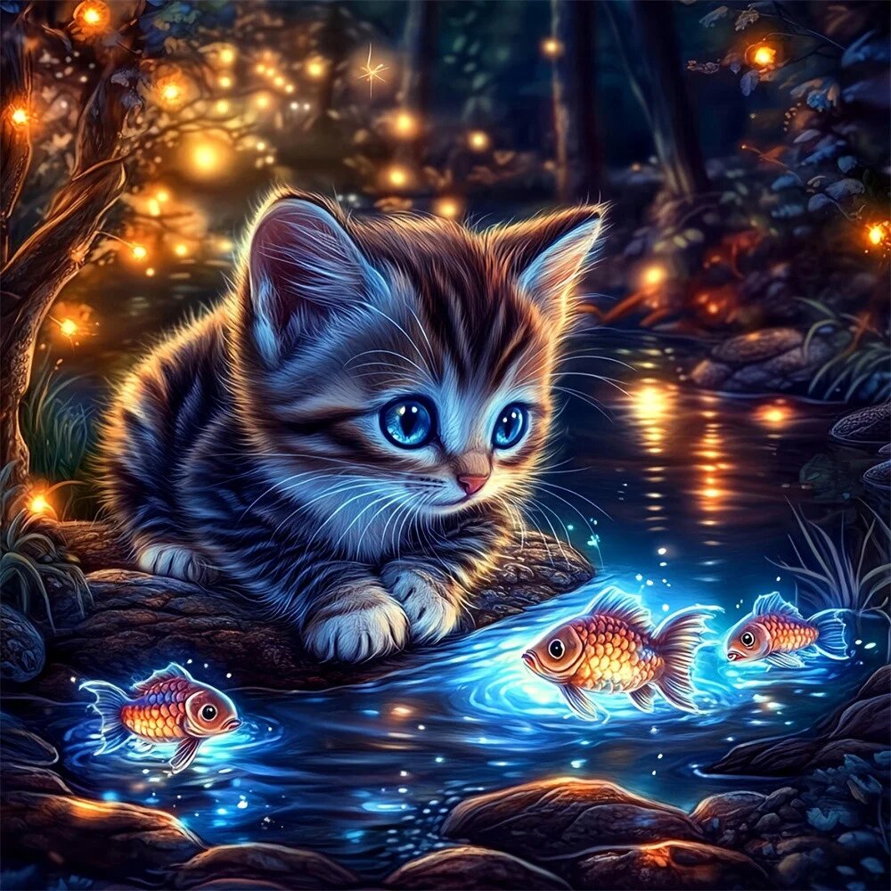 Алмазная мозаика EverShine: Картина с кошкой и рыбой Full Square 40X40cm