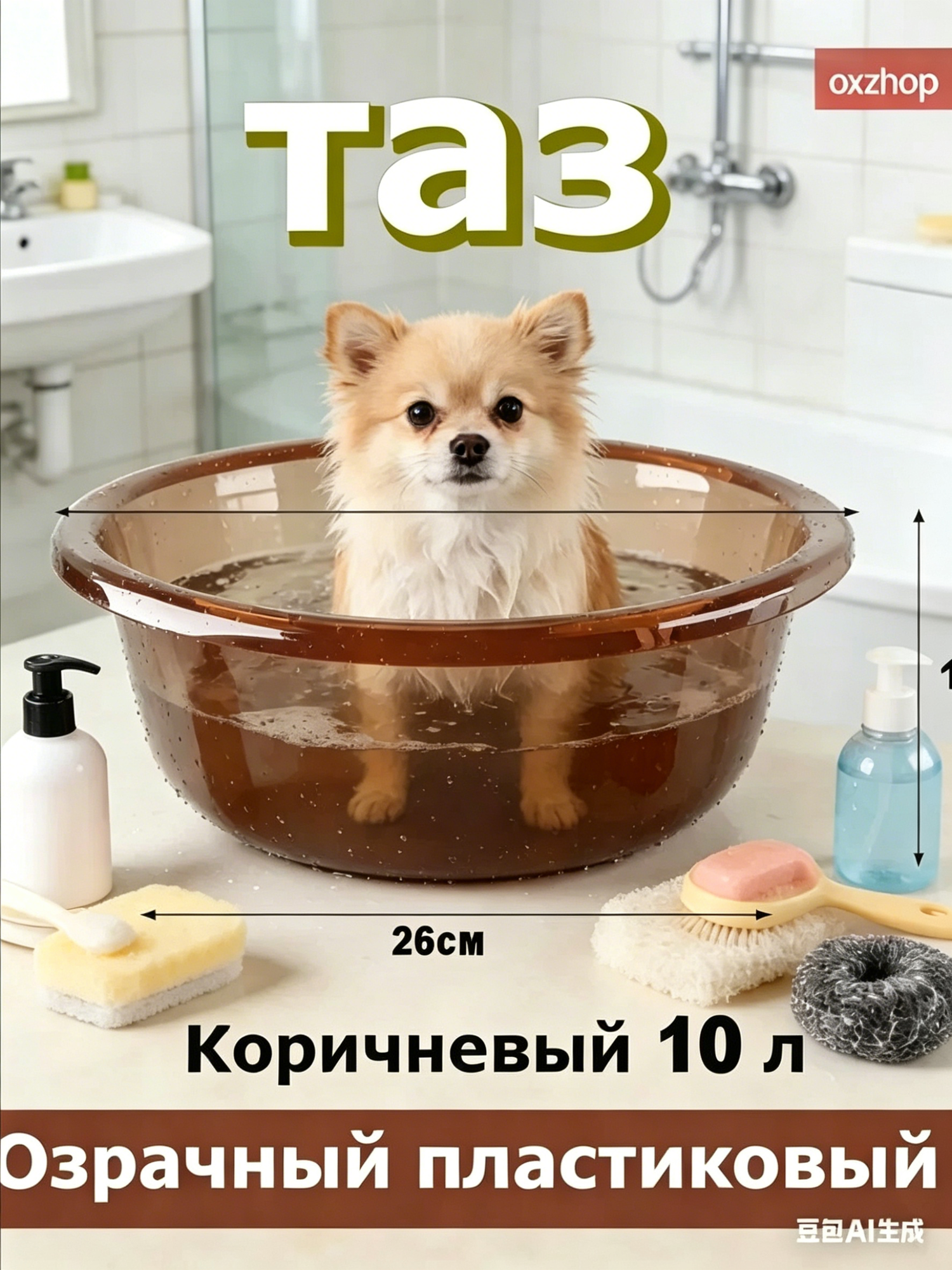 Пластиковый таз, коричневый, 10 л, 26 см, прозрачный, для домашнего использования