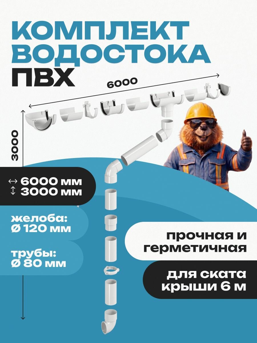 Комплект водосточной системы ПВХ FINEBER для ската крыши 6 м, белый