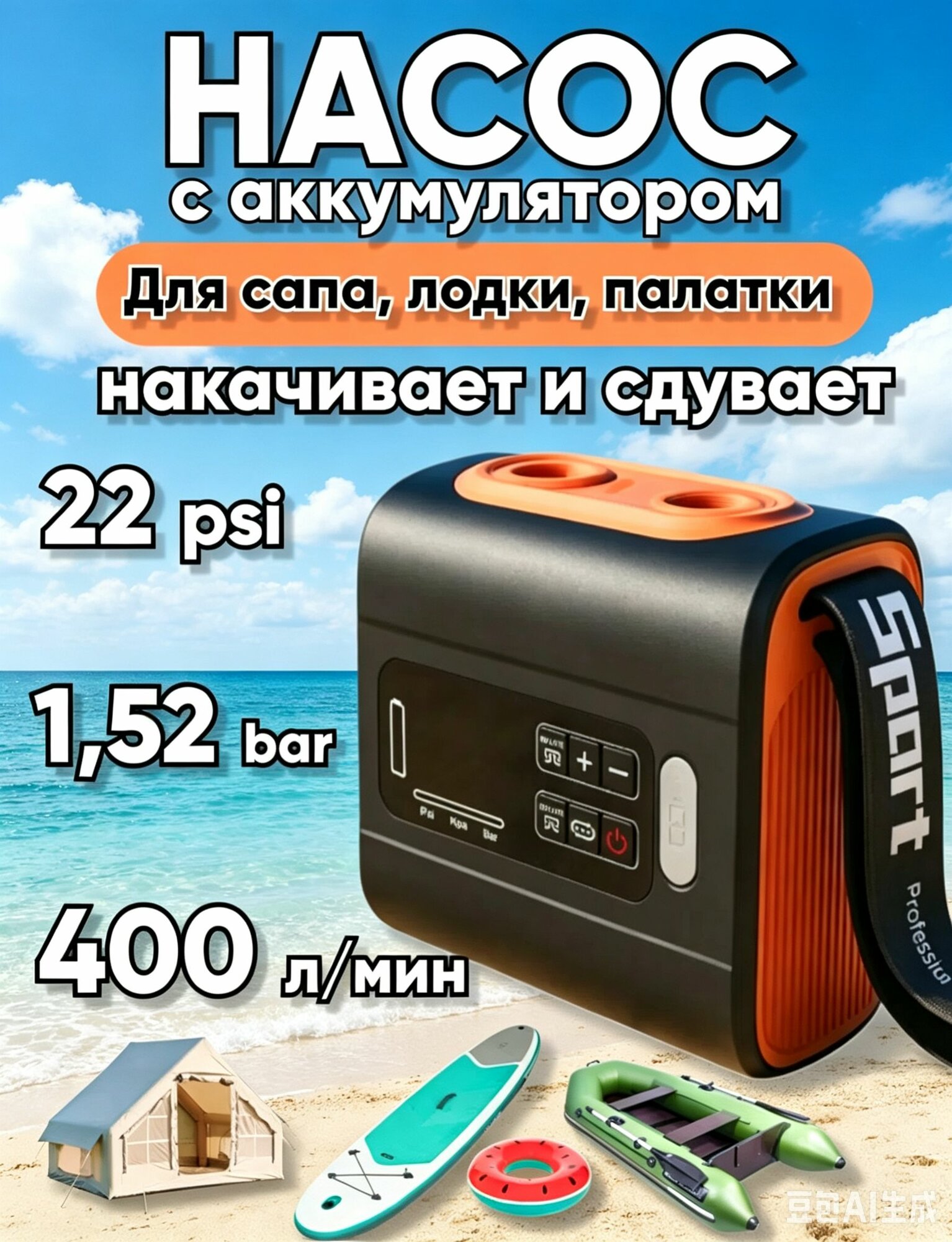 Насос для лодки ПВХ электрический с аккумулятором, для сапборда, для надувных палаток
