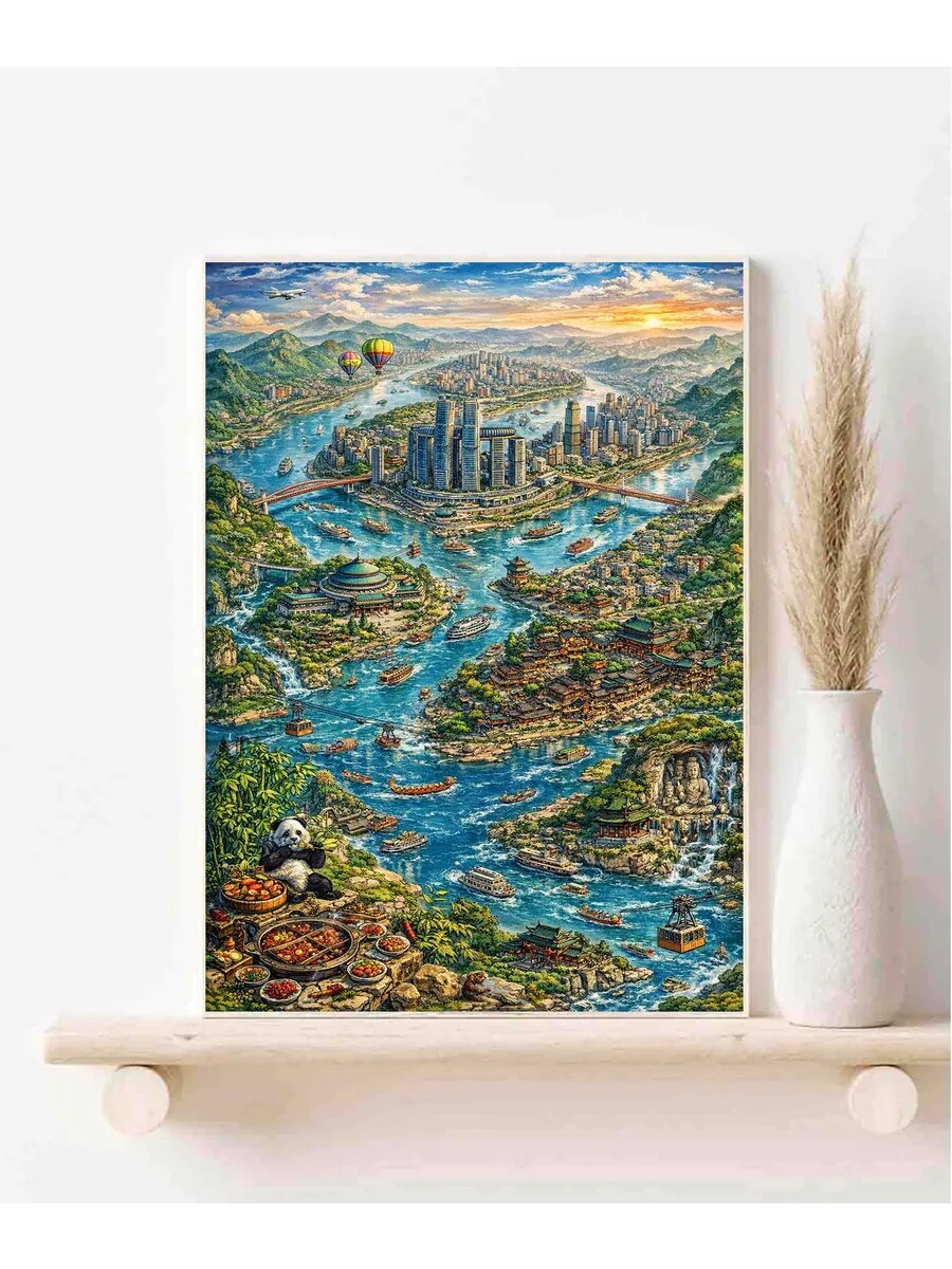 Чунцин, Китай, Fantasy Map, Карта, Плакат 30x42см