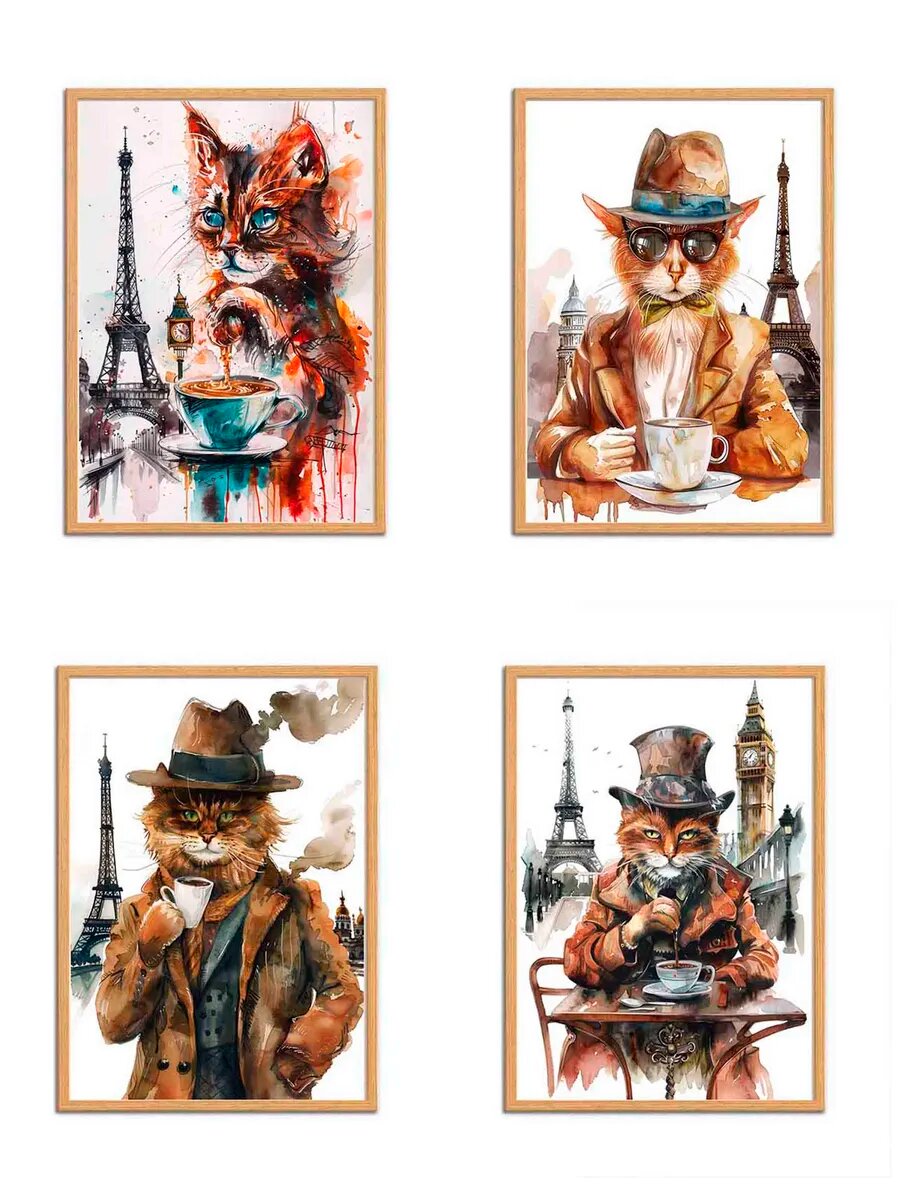 Сомалийская кошка Гангстер пьёт кофе, 4 Плаката А3, 30х42 с