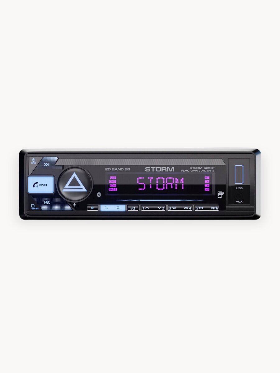 Магнитола AurA Storm-525, 1DIN, с Bluetooth, USB, AUX, RGB, 20 полосный эквалайзер