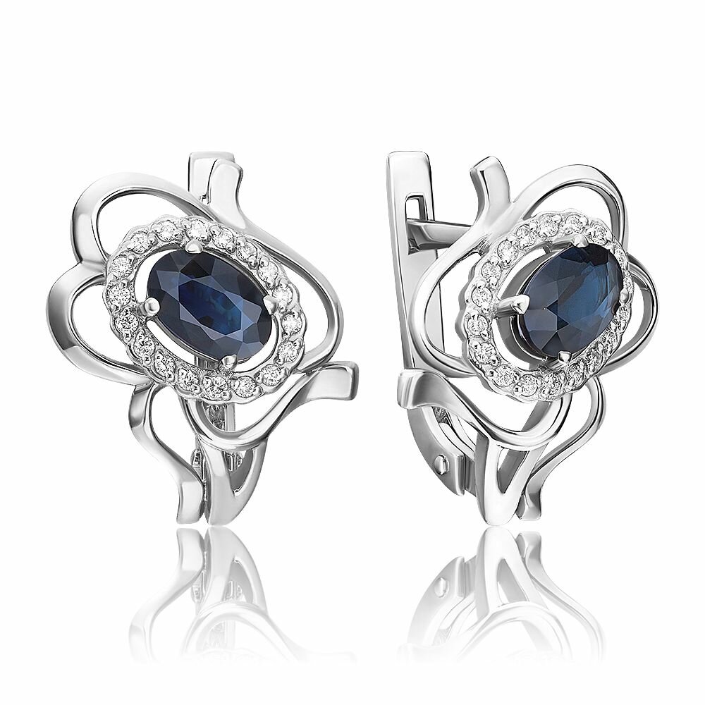 Серьги, белое золото, 585 проба, родирование, бриллиант, сапфир
