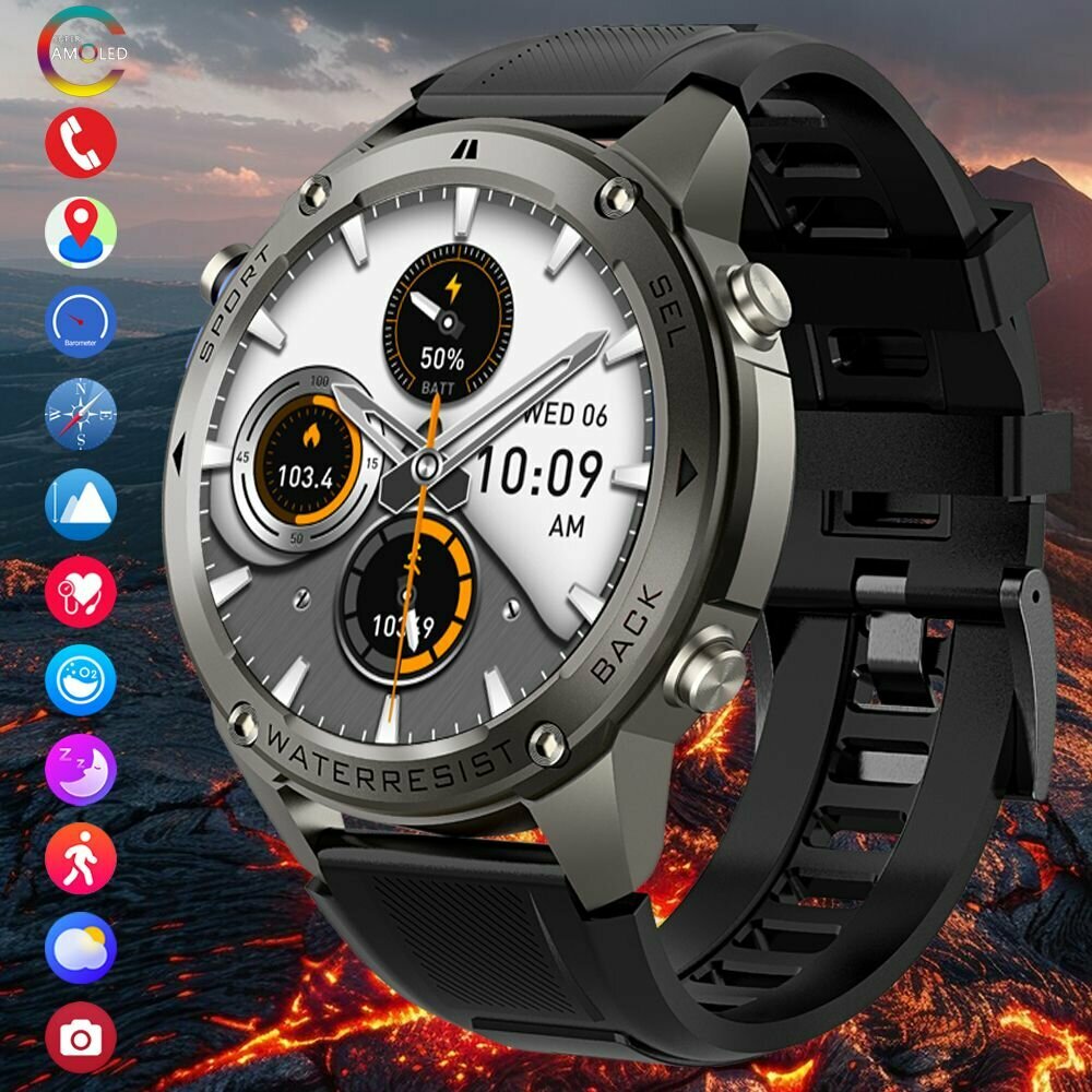 Военные GPS смарт-часы для мужчин - 6 спутников и компас, корпус из нержавеющей стали, водонепроницаемость 50 м, функция вызова, 1,43"AMOLED дисплей