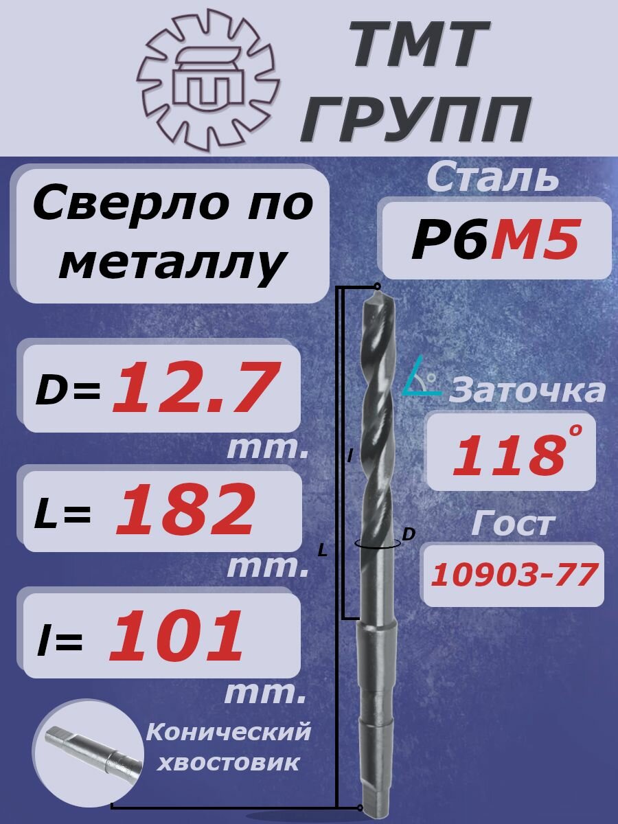 Сверло по металлу, конический хвостовик, к/х, 12.7 , сталь Р6М5, ТМ*