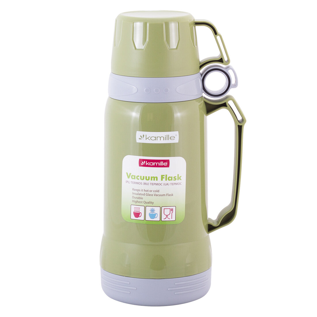 Термос 1000 мл. со стеклянной колбой Kamille KM-2023 пластиковый корпус, 2 чашки (2023 / зеленый)
