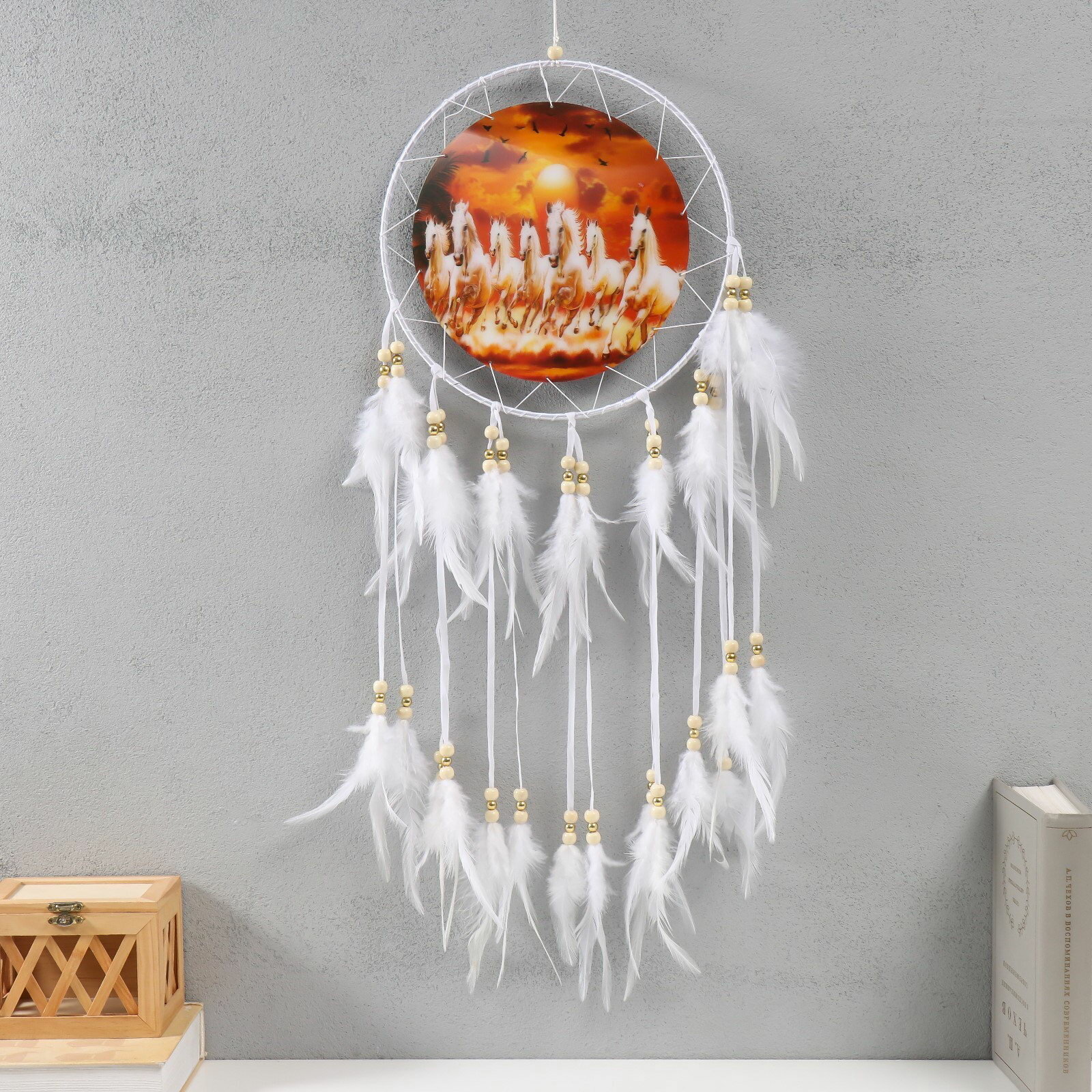 Ловец снов амулет d=25 см "Табун на закате", 80x25x0.8 см, тематика: животный мир