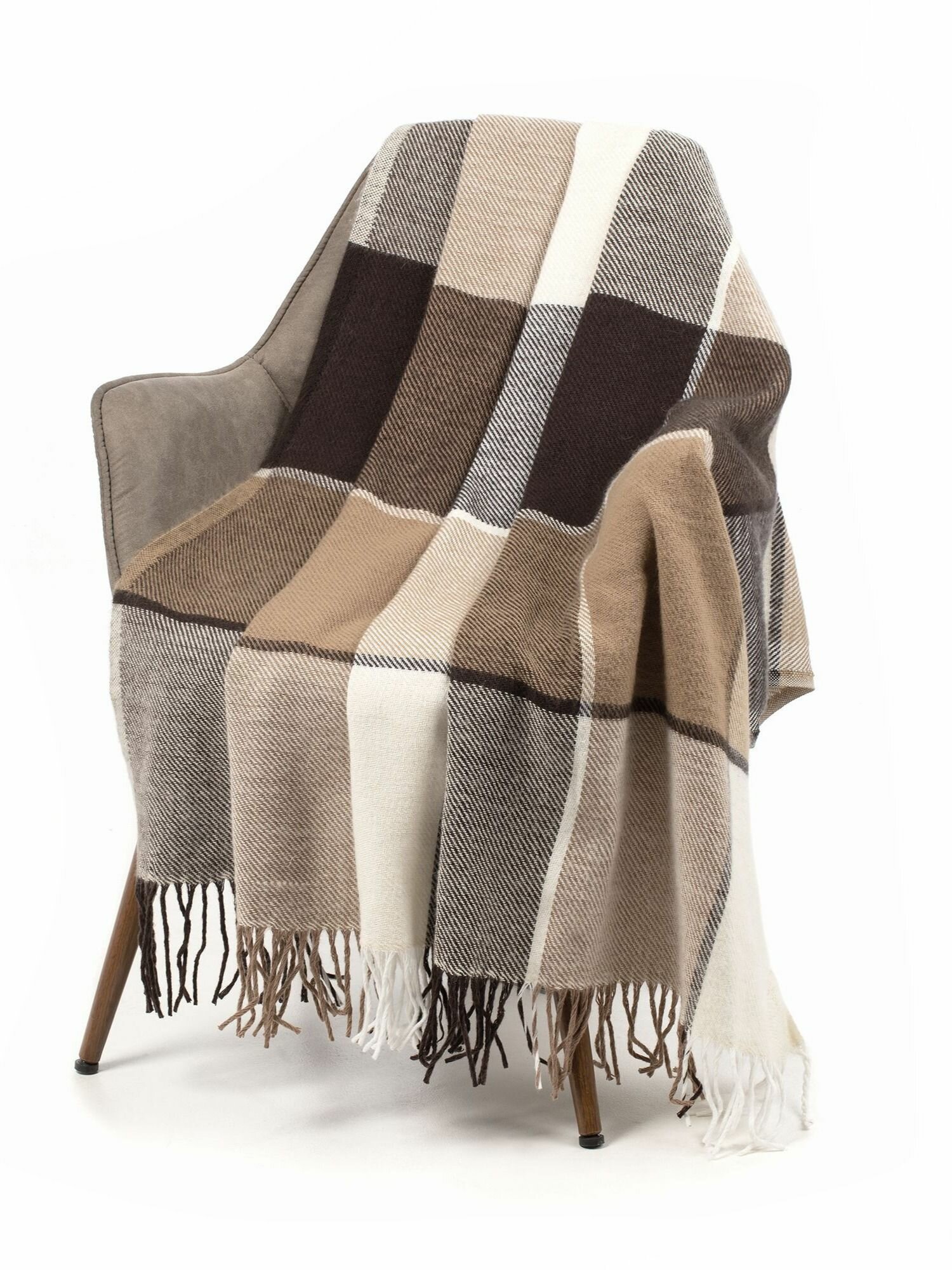 Плед покрывало для дивана 140х200, шерстяной, Edinburgh, подарочный в клетку с бахромой, бежево-коричневый