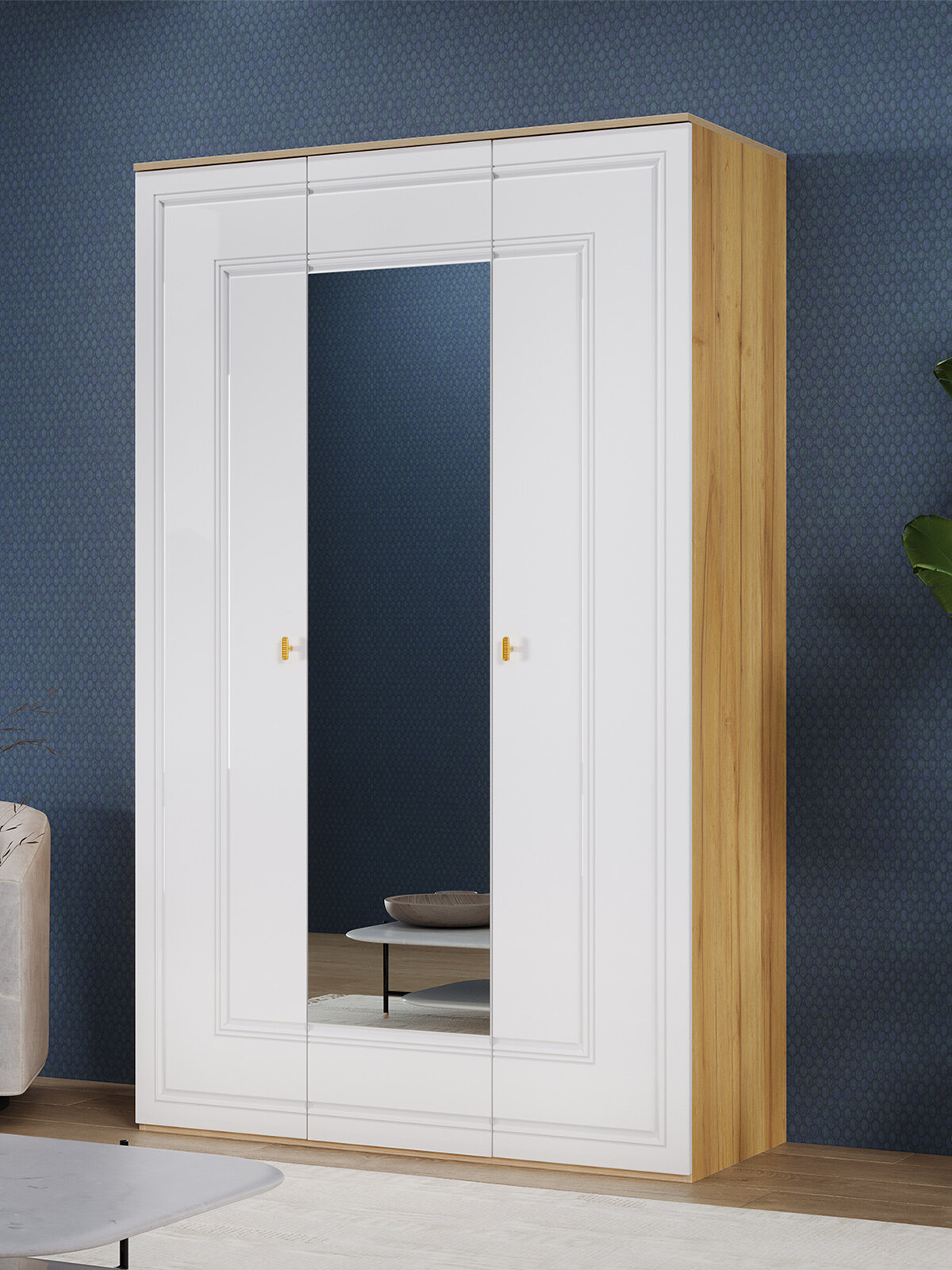 Шкаф Кураж Вега Сапфир, трехдверный, с зеркалом 135 см x 221,6 см x 57,4 см, белый