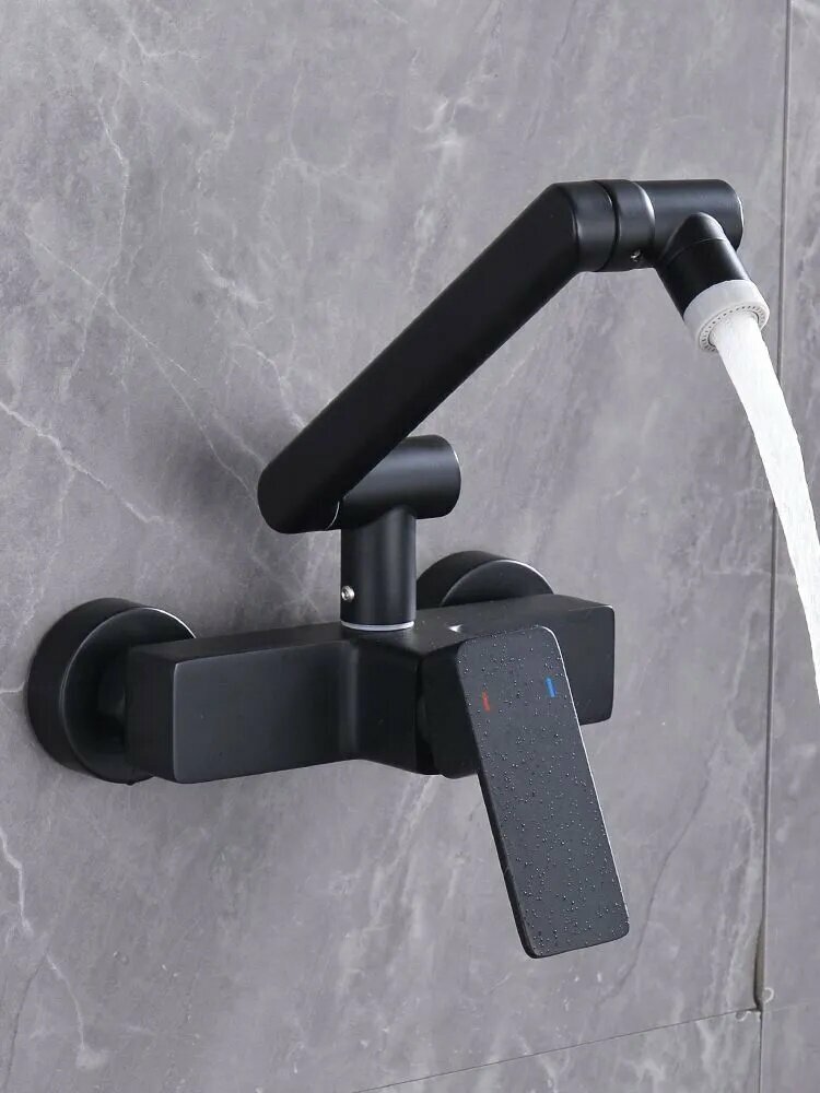 Смеситель для кухни настенный, Складная универсальная вращающаяся роботизированная рука, Переключатель клапана смешивания горячей и холодной воды для раковины, черное