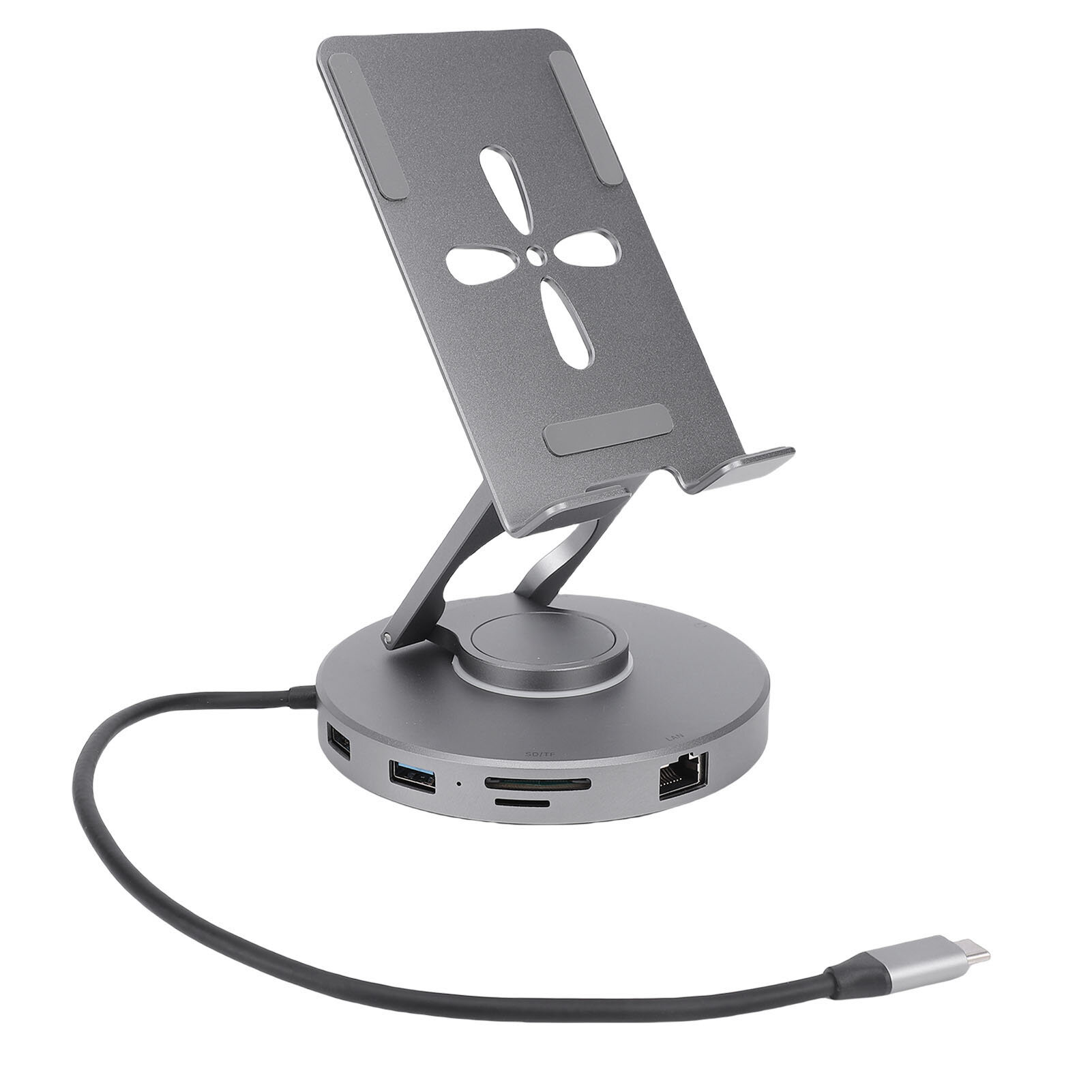 Док-станциядляпланшета11в1, вращающаясяна360°, регулируемыйдержательUSB-Cскардридером,3,5-ммаудиоразъемомипортомпитанияPD3.0мощностью100Вт.