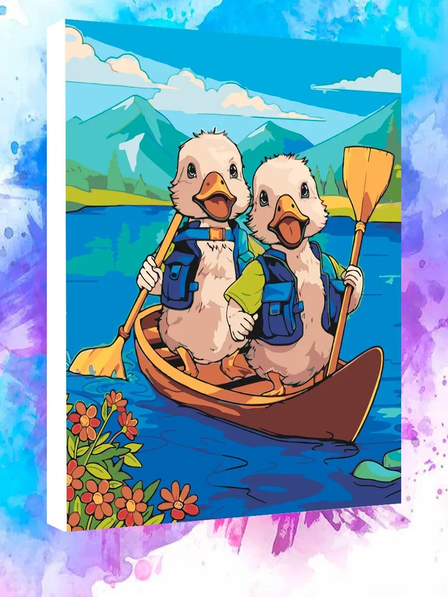 Картина по номерам Гуси Лодка_Озеро_Горы Птицы Рисунок